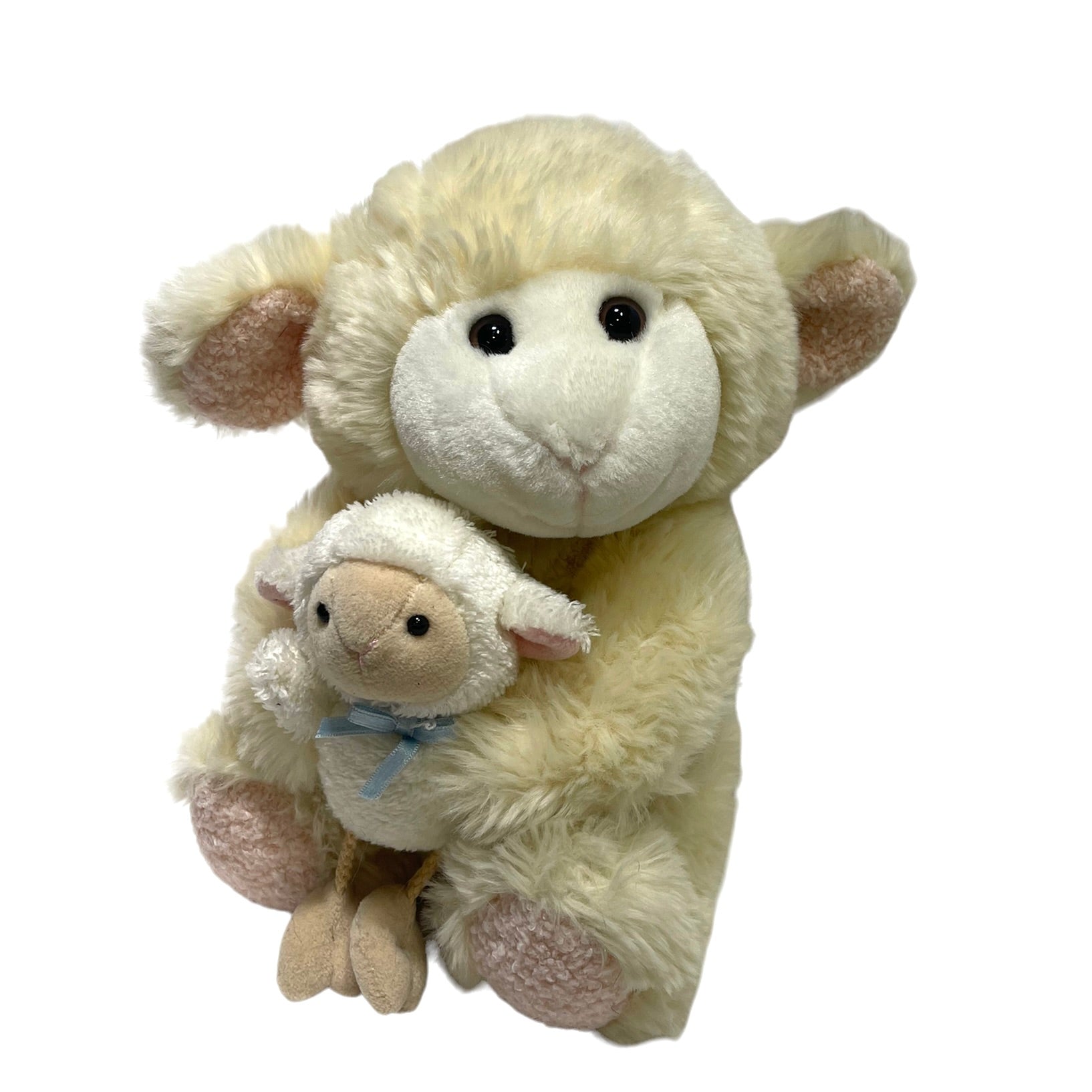 Mama & Baby, Cream 12" Lamb & 6" Baby, Glass Eyes & Pink Nubby Feet. P ...